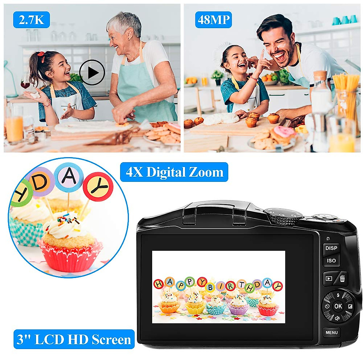 Lincom Tech Digital Camera, 2.7K 48MP Full HD Vlogging Camera Rechargeable YouTube Camera, 3 Inch Portable Compact Mini Blogging Camera Point and Shoot Camera for YouTube, Black