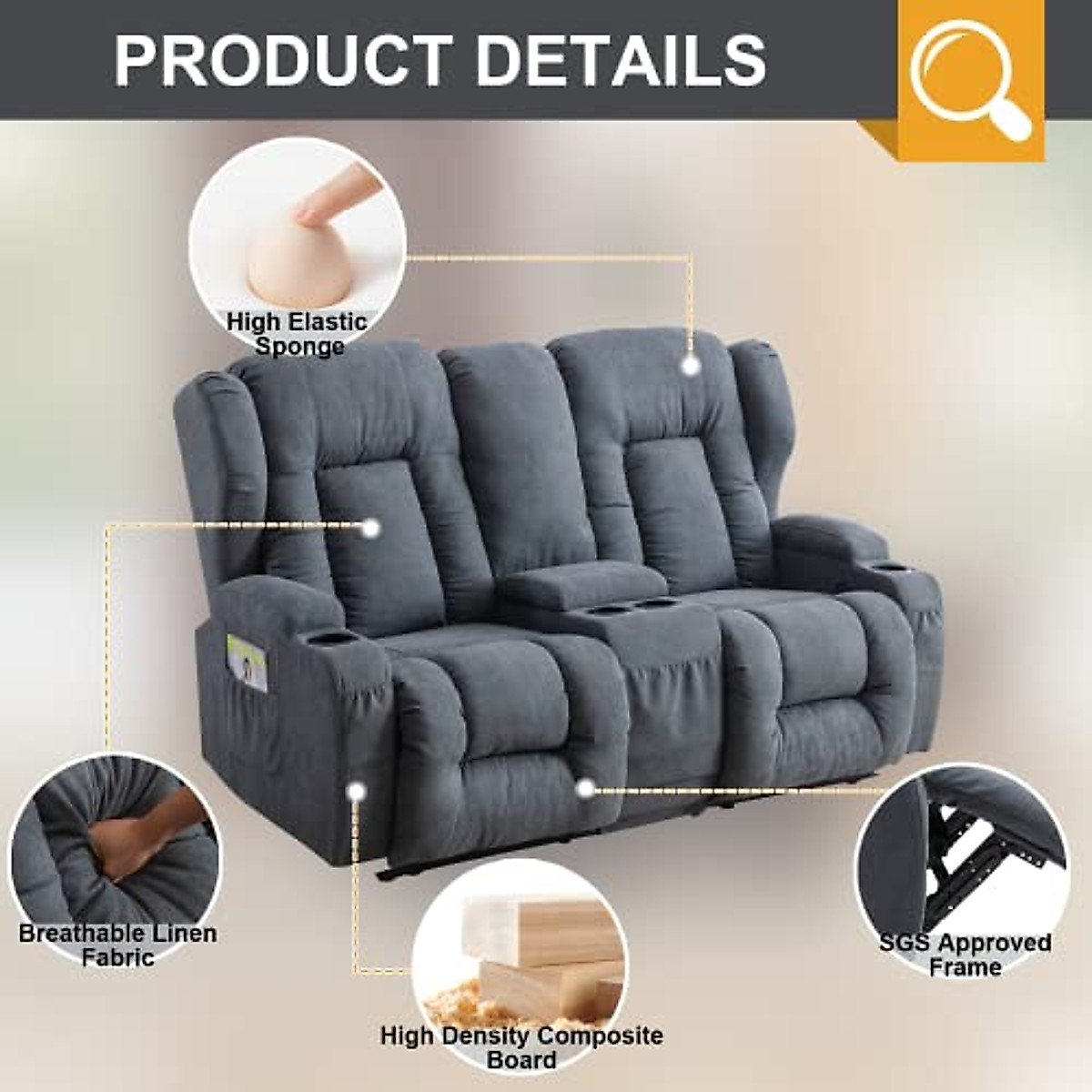 URRED Manual Recliner loveseat Chair with Console for Living Room Modern Manual-Pull Recliner Sofa Home Theater Lounge with Cup Holder,Storage for Home Theater Office (Blue-Grey Loveseat)