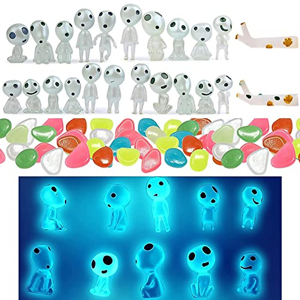 ZFFLYH Princess Mononoke Tree Spirits with Glow in The Dark Rocks and Tree Stump, 62Pcs Luminous Ghost Micro Landscape for Landscape Garden Decoration,Blue