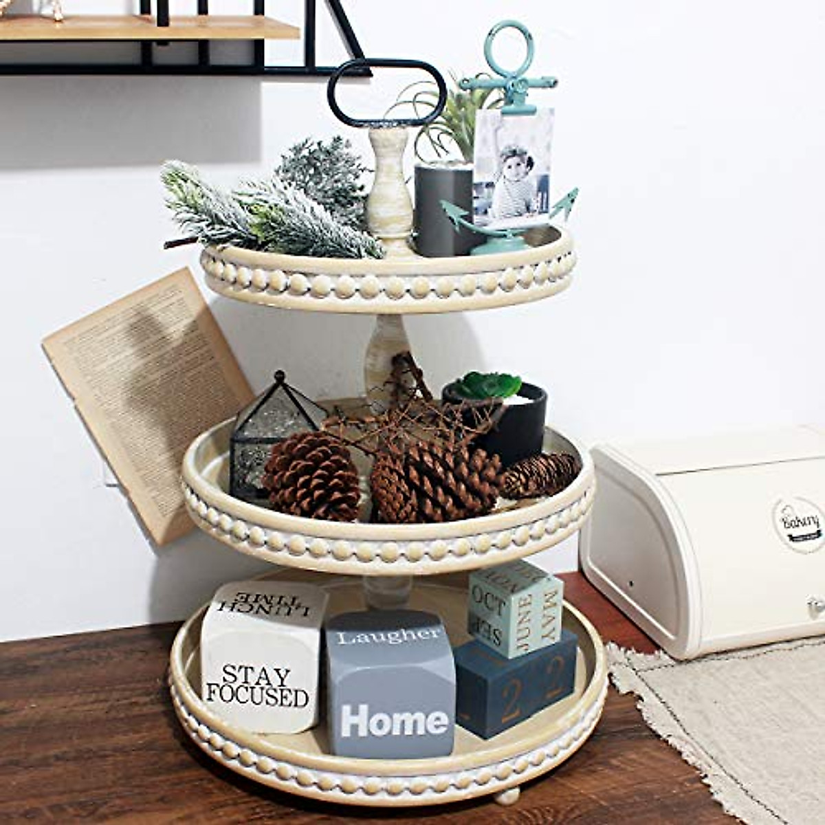 Funly mee Large Size Rustic Wood and Metal Three Tier Farmhouse Tray with Decorative Bead (3-Tier)