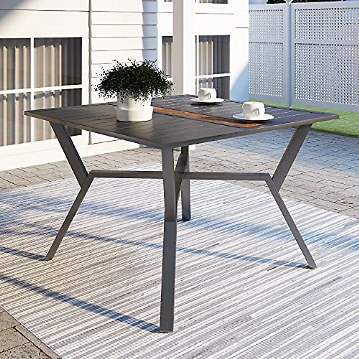 LOKATSE HOME Patio Dining Metal Square Table Outdoor Furniture with 2.1" Umbrella Hole, Steel Legs, Grey