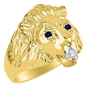 Rylos Conversation Starter Diamonds & Sapphire Eyes & Mouth of this Lion Head Ring Set in 14K Yellow Gold Plated Silver Size 9