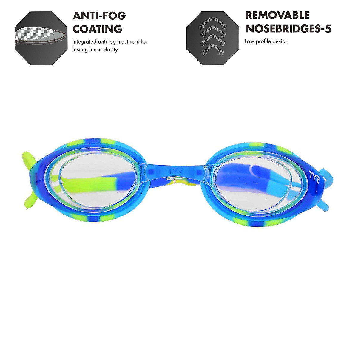 TYR Junior Blackhawk Racing Googles, Clear/Blue/Green, One Size