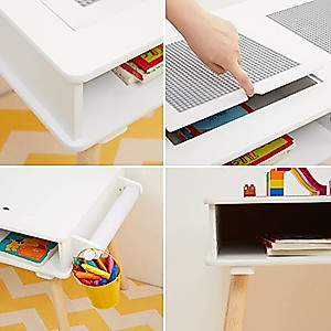 Toffy & Friends Kids Activity Table Set 2 in 1 Wooden Building Block Desk w/Storage Double-Sided Tabletop for Toddler Arts, Crafts, Drawing, Reading, Playing (White & Gray)
