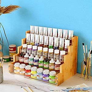 LUMAMU Paint Organizer, 5 Tiers Craft Paint Storage Organizer, Bamboo Paint Holder Organizer for 2oz Paint Tube and Bottles, Paint Storage Rack for Miniature Paints
