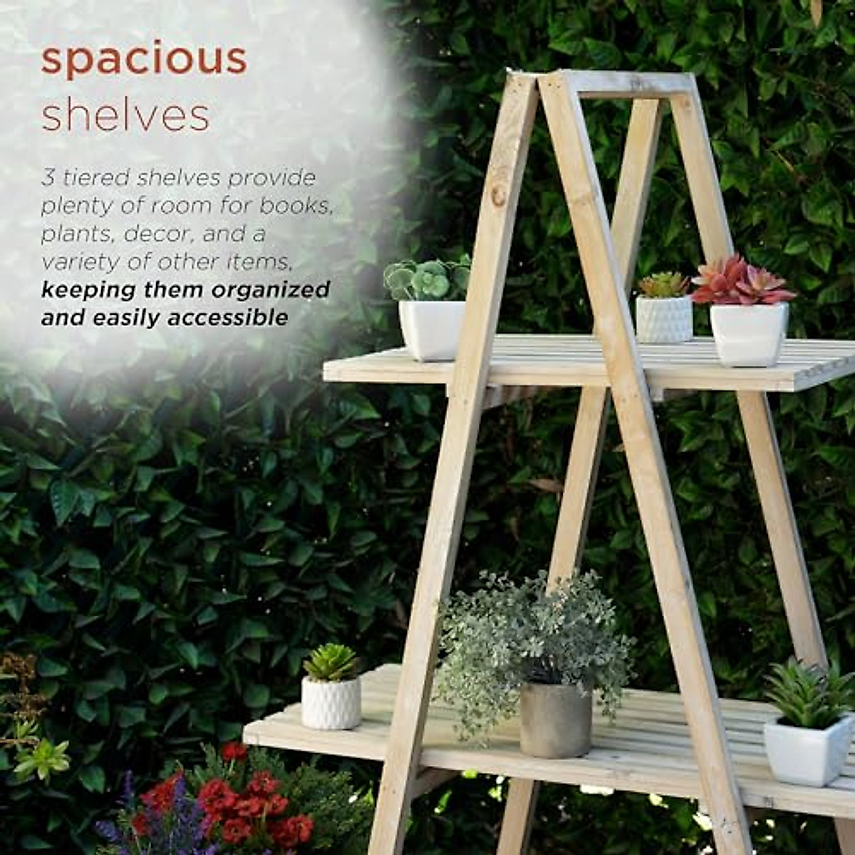 Alpine Corporation MBB168 Wood 3-Tier Triangular Storage Rack for Books, Plants, Decor, Rustic Display Rack with 3 Shelves
