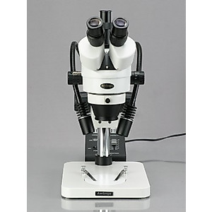 AmScope SM-1TSW2-L6W-M Digital Professional Trinocular Stereo Zoom Microscope, WH10x and WH25x Eyepieces, 3.5X-225X Magnification, 0.7X-4.5X Zoom Objective, 6W Dual-Gooseneck LED Light, Pillar Stand, 85V-265V, Includes 0.5X and 2.0X Barlow Lenses, Include