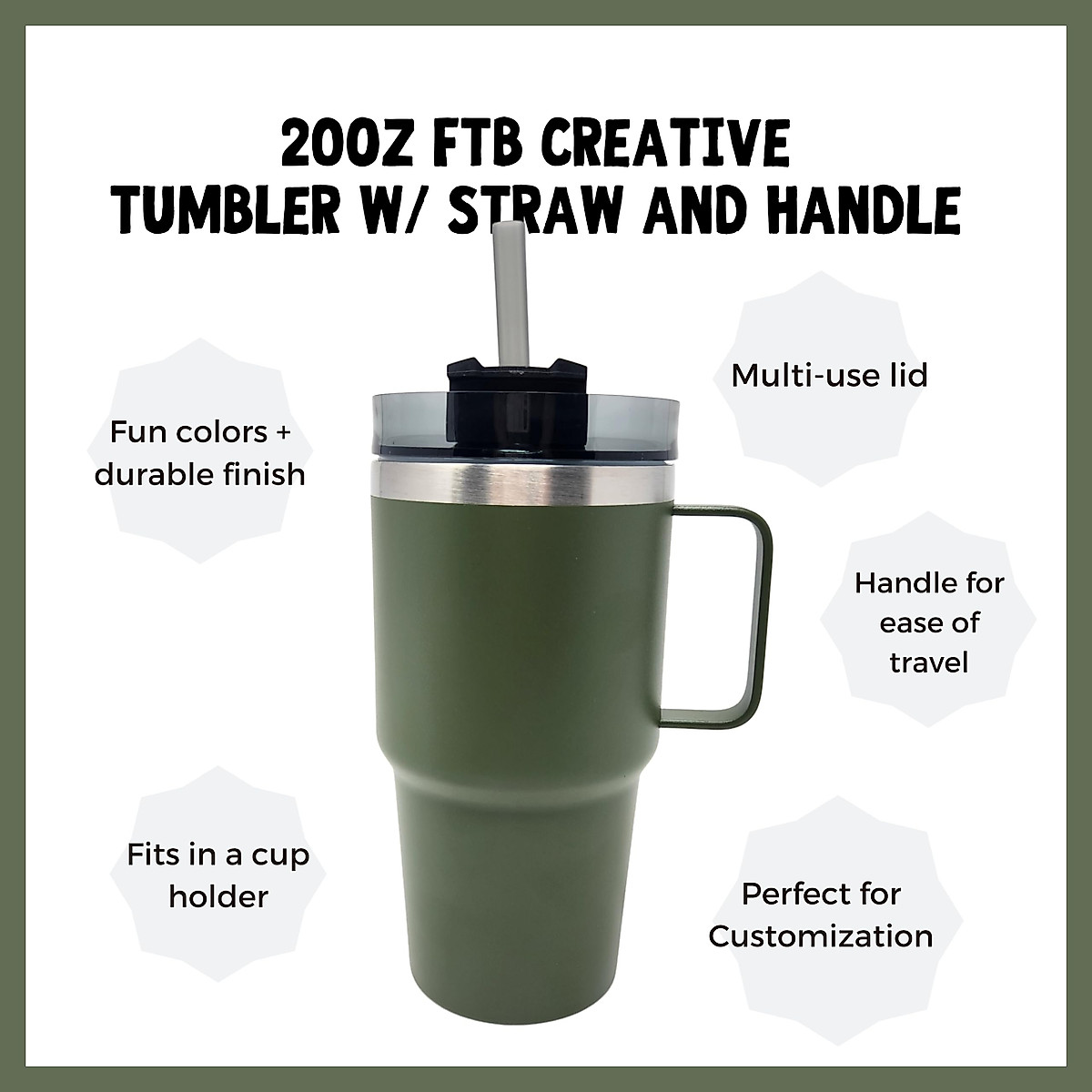 FTB Creative 20oz Insulated Tumbler Mug, Double Wall Stainless Steel, with Lid, Straw and Handle (Army Green)