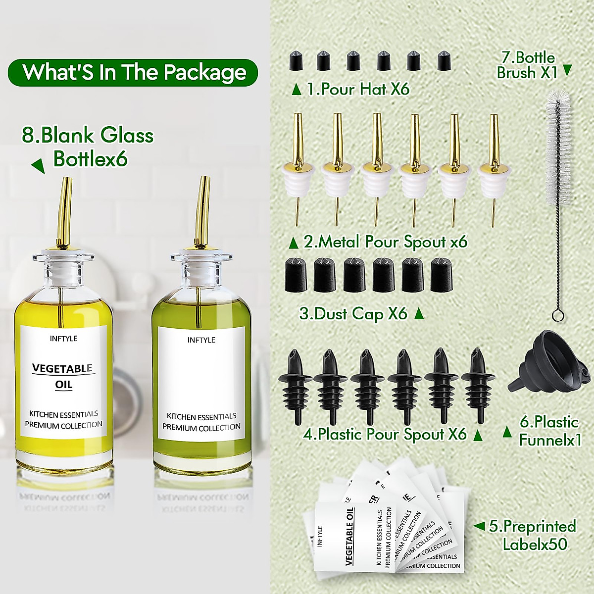 INFTYLE 12 oz Olive Oil Dispenser Coffee Syrup Dispenser Bottle Set of 6, Glass Cooking Oil Bottle Dispenser for Kitchen, Mouthwash Container, with Metal Pour Spout, Funnel and Labels