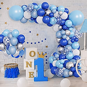 RUBFAC 130pcs Blue Balloons Garland Arch Kit, Royal Blue and Baby Blue White Chrome Sliver Balloons Arch for Shower Birthday Graduation Party Decorations
