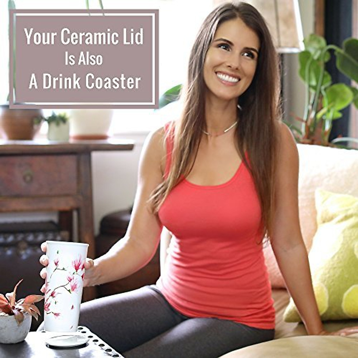 Willow & Everett 16oz Ceramic Travel Mug with Lid. Magnolia Double-Walled Tea Cup with Tea Infuser and Bonus Silicone Top. Tall Coffee and Tea Mug Tea Cups Loose Leaf Tea - Tea Mugs Tea Steeper