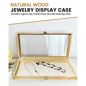 Novel Box Jewelry Display Case Wood 14.75x8.25x2.1 Large Glass Jewelry Box with Lid - Display Cases for Collectibles - Rock Collection Box with Metal Clasp - Gem Display Case