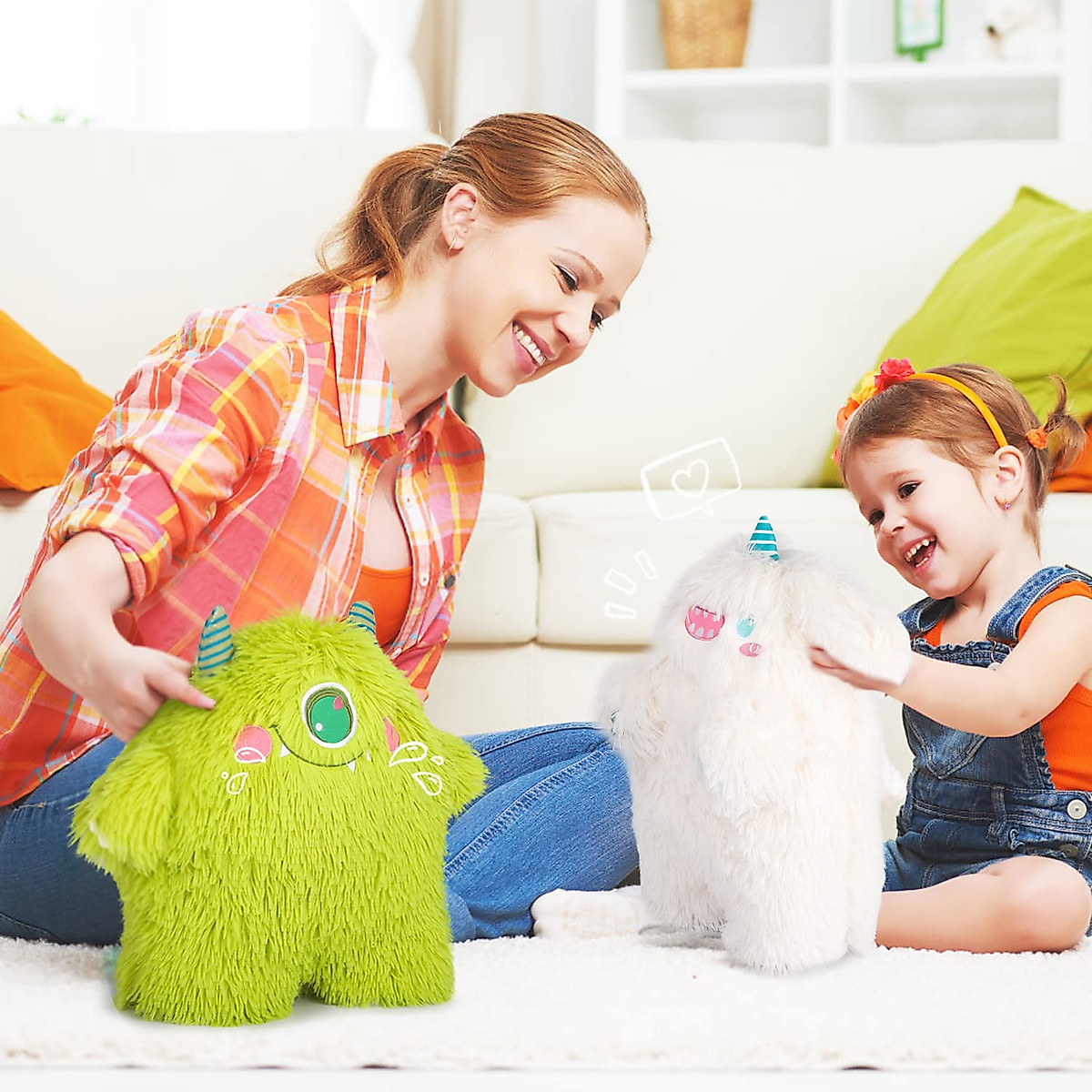 FITNISSFTW Furry Monster Stuffed Animals Plush Toy, 15.7" Faux Fur Pillows Throw Plushie Pillow Doll, Soft White Fluffy Friend Hugging Cushion - Cute Present for Every Age & Occasion