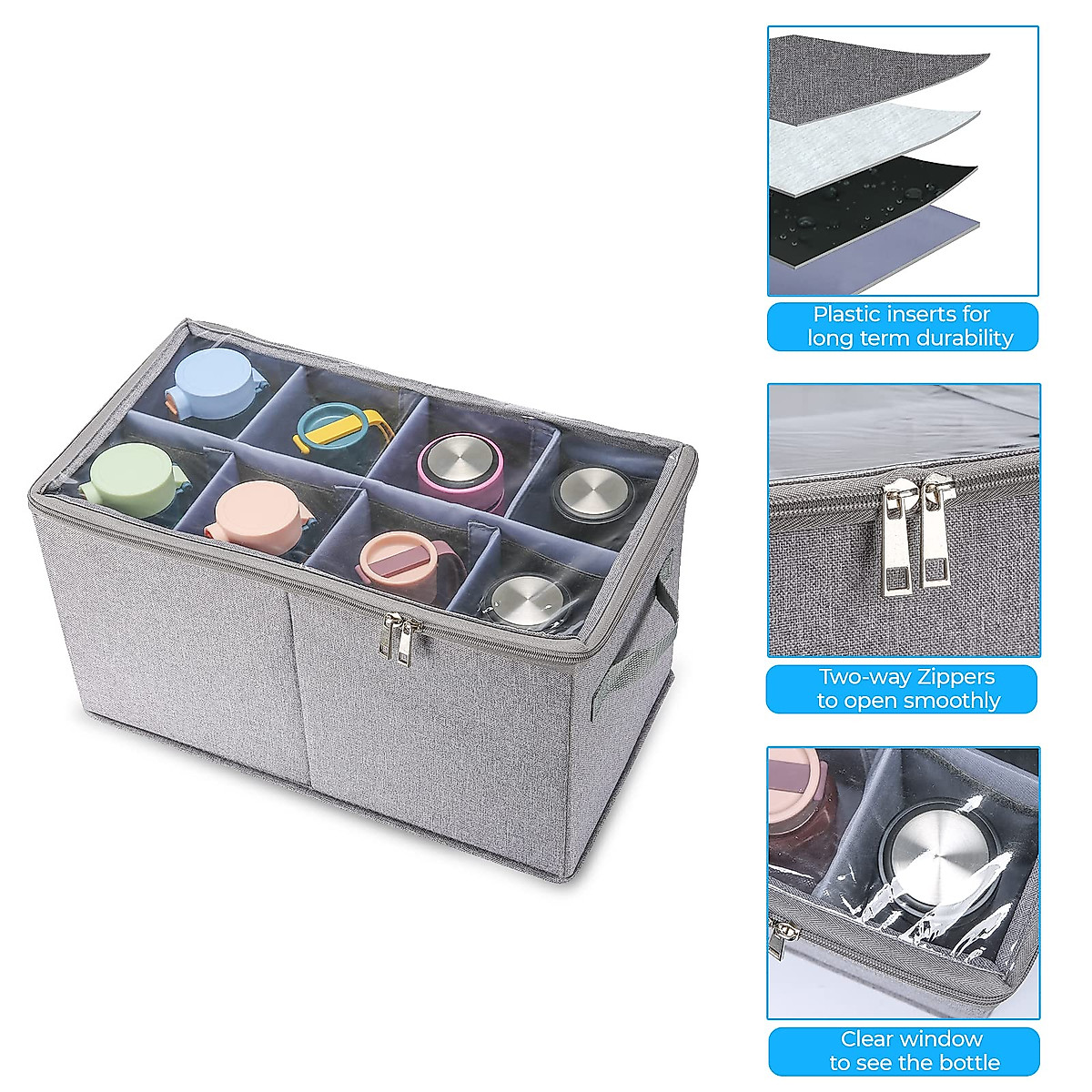 Puricon Water Bottle Storage Containers with Dividers, Drinkware Bottle Boxes Case with Lid for Kitchen Cabinet Cardboard Pantry Shelf -Grey