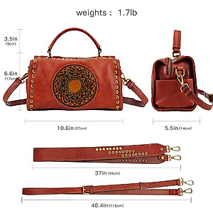 Genuine Leather Purses Pocketbooks for Women, Handmade Vintage Handbag Top Handle Satchel Mandala Totem Crossbody (Orange brown)