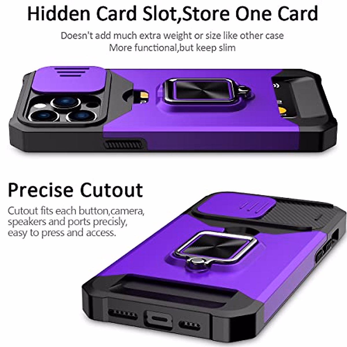 Nvollnoe for iPhone 14 Pro Max Case with Sliding Camera Cover and Card Holder Heavy Duty Protective iPhone 14 Pro Max Case with Ring Magnetic Kickstand Phone Case for iPhone 14 Pro Max(Purple)