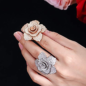 Deelan Fashion Ring For Women Wedding Engagement Flower Rose Gold Platinum Zircon Crystal Statement Jewelry rings (Platinum color, 8)