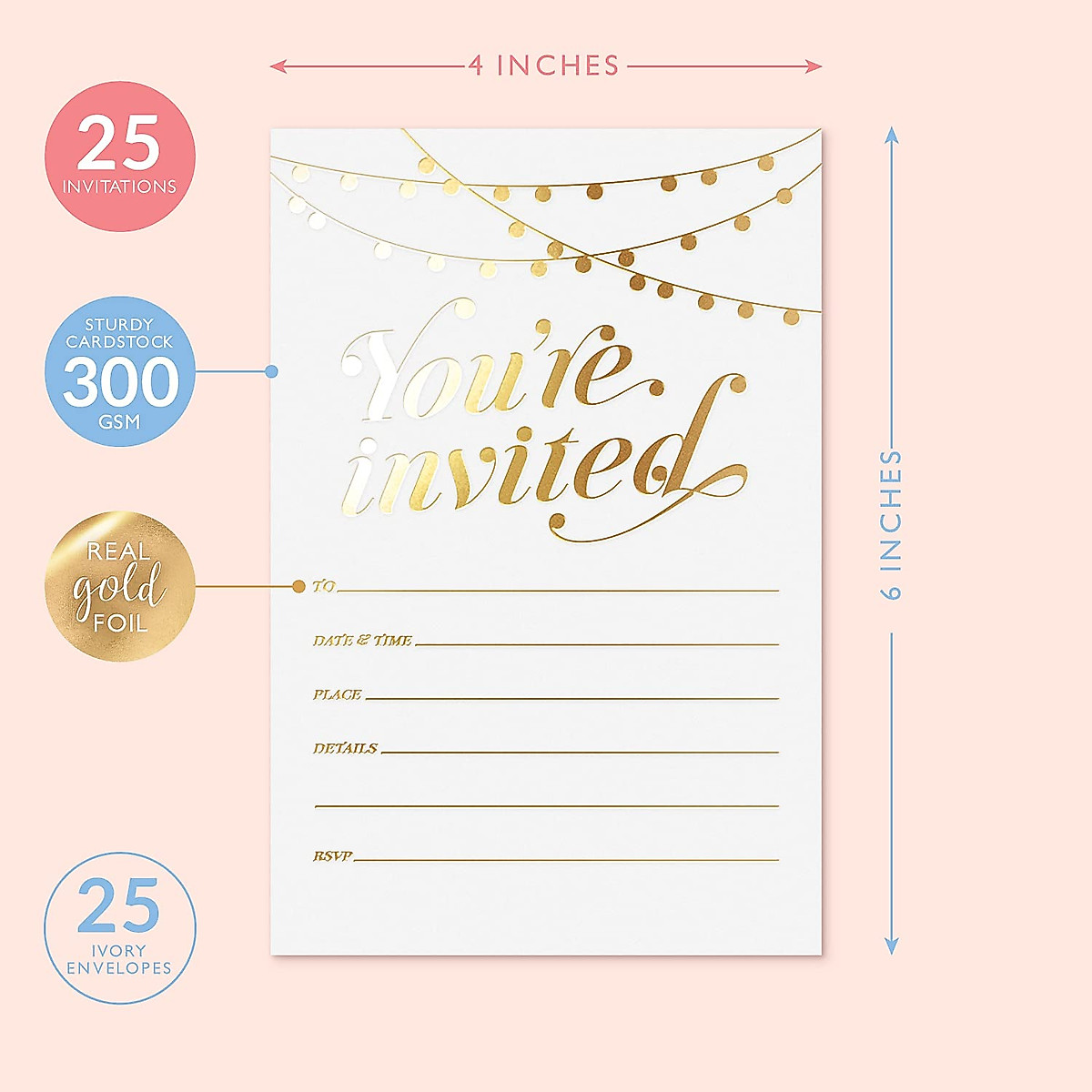 S&O Party Invitations! 25 Gold Foil Traditional Invitations with Envelopes, Wedding, Baby and Bridal Shower Invite, Housewarming Birthday and Girls Quinceanera Invitation Cards - 4x6"