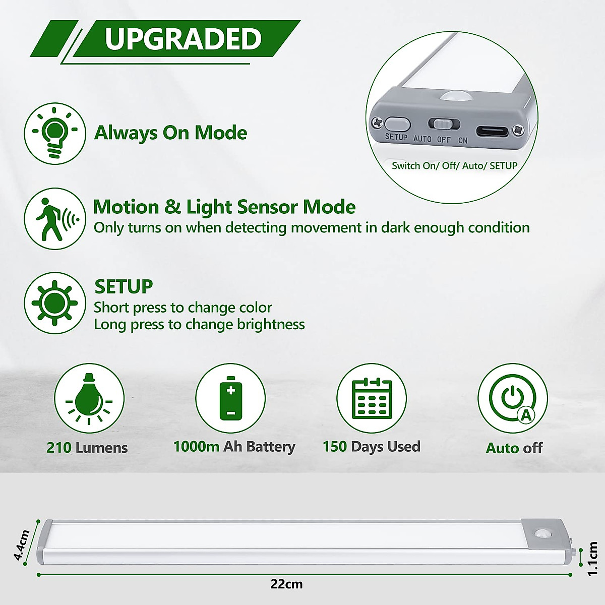 Under Cabinet Lights Motion Sensor Lights Indoor, 3 Color Temperatures Wireless USB-C Rechargeable Night Lights, Dimmable Closet Lights Under Counter Lights for Kitchen, Wardrobe,Closets,Cupboard