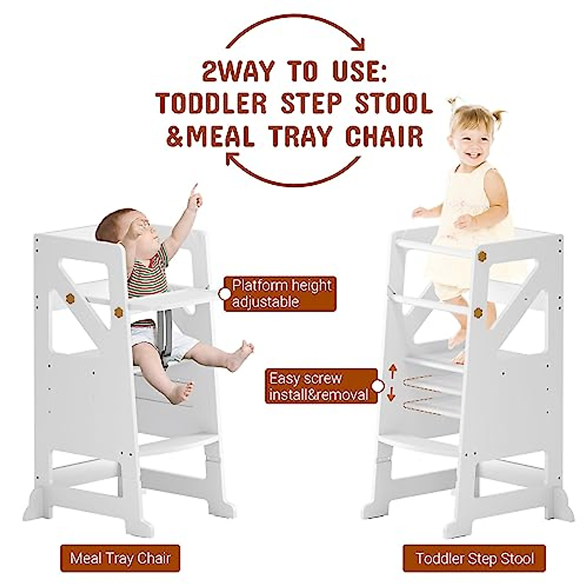 Rendpas Toddler Step Stool With Meal Tray, Wooden Kids Learning Tower For Kitchen Helper and Convertible High Chair, Adjustable Bathroom Step Stool With Safety Rail (White)