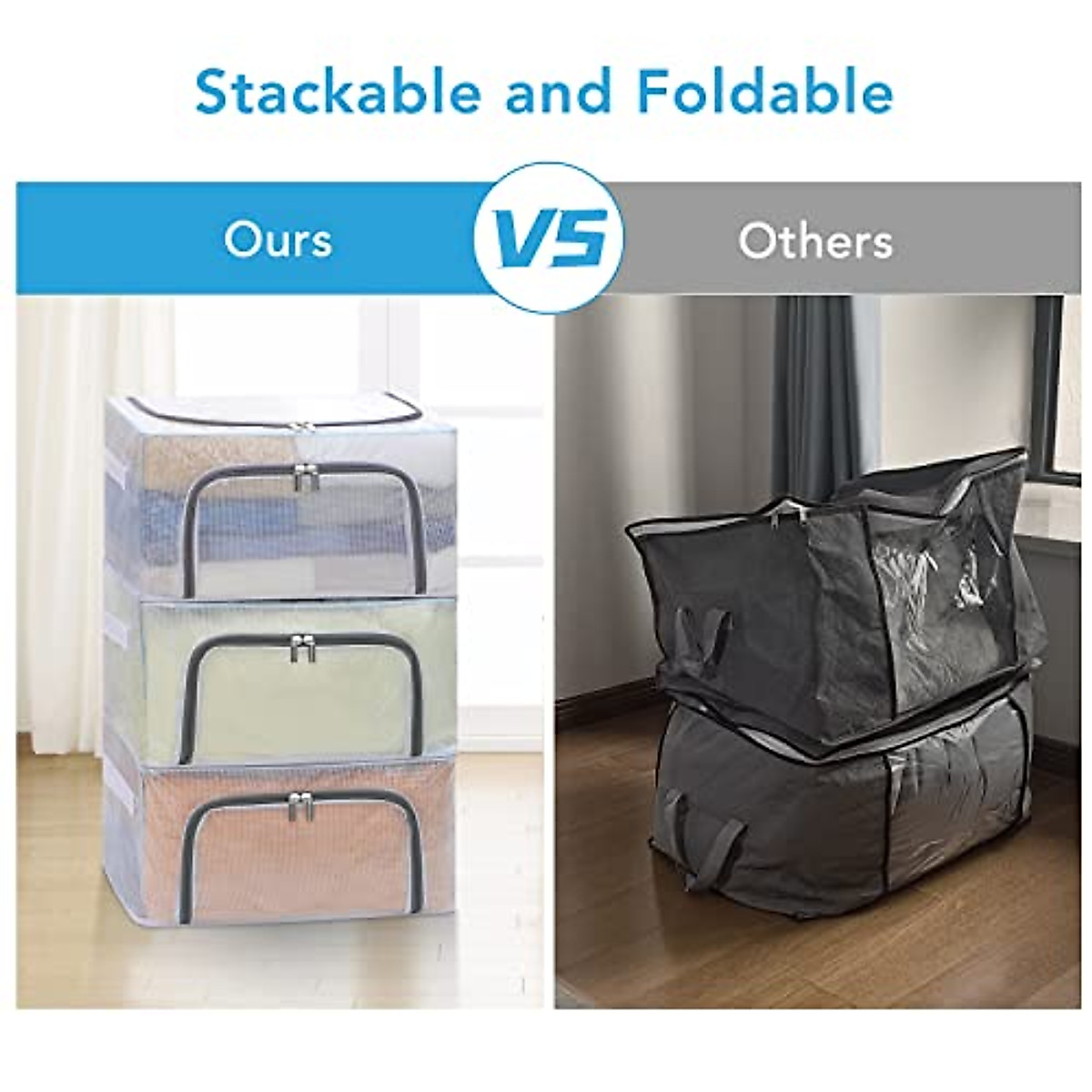 Baesyhom Clear Stackable Steel Metal Frame Clothes Storage Bins Foldable Fabric Storage Bag Closet Storage Bin Blanket Storage Container Organizer with Carrying Handles and Front Window, 3 Pack, 24L