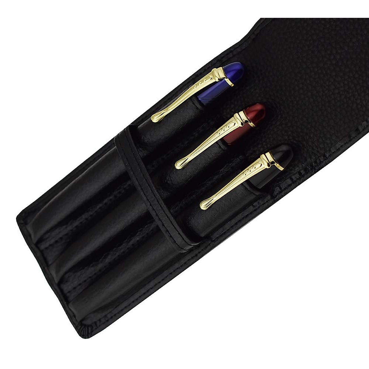 Lanxivi Leather fountain pen case for 3 Pens Pouch Separate Slot Organizer Carrying Case Black Color