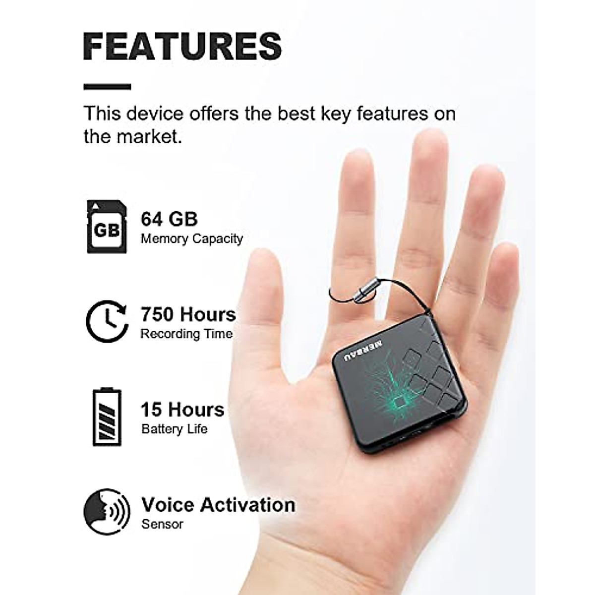 64GB Voice Activated Recorder, Digital Voice Recorder with 750 Hours Recording Storage, 25 Hours Long-Lasting Battery