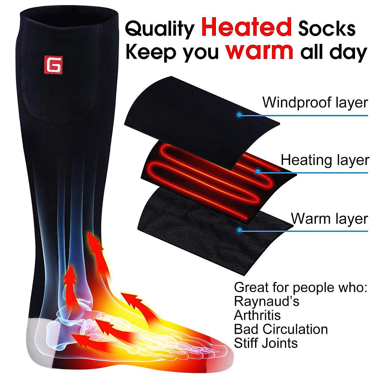 Autocastle Unisex Electric Heated Socks Rechargeable Battery Powered Heating Socks Men Women battery Operated Winter Warm Socks Kit Novelty Sports Outdoor Camping Hiking Climbing Skiing Foot Warmer