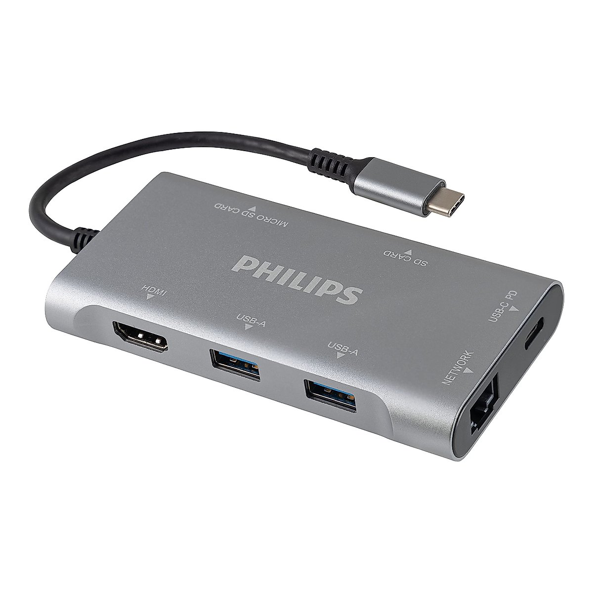 Philips USB C Hub with Power Pass-Through, 7-in-1 Multiport Adapter, 1 HDMI 4K@30Hz, 60W USB-C Power Delivery, 2 USB 3.0, 1 Ethernet, 1 SD 1 MicroSD Card Reader, DLK9120C/27