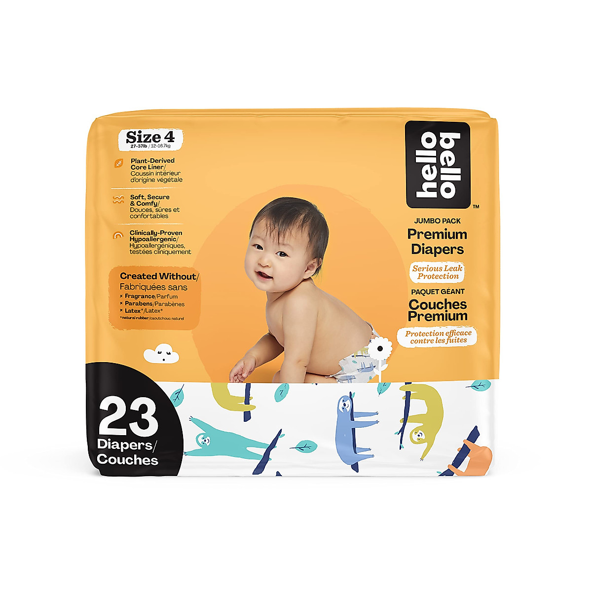 Hello Bello Premium Baby Diapers Size 4 I 23 Count of Disposeable, Extra-Absorbent, Hypoallergenic, and Eco-Friendly Baby Diapers with Snug and Comfort Fit I Sleepy Sloths