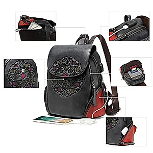 EBESA Leather Backpack for Women Organizer Retro Vegetable Tanning leather bag Vintage Embossing Totem (black)