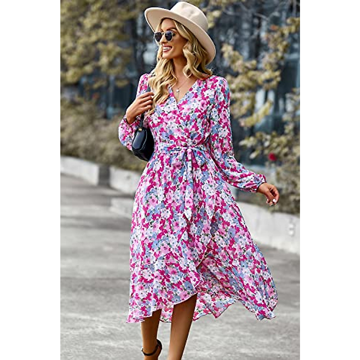 PRETTYGARDEN Women's Floral Print Boho Dress Long Sleeve Wrap V Neck Ruffle Belted A-Line Flowy Maxi Dresses (Floral Pink,Large)