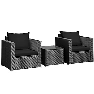 DORTALA 3 Pieces Patio Furniture Set, Outdoor Rattan Sofa Set with Cushions, Tempered Glass Tabletop, Wicker Conversation Furniture Set for Backyard, Garden, Poolside, Balcony, Black