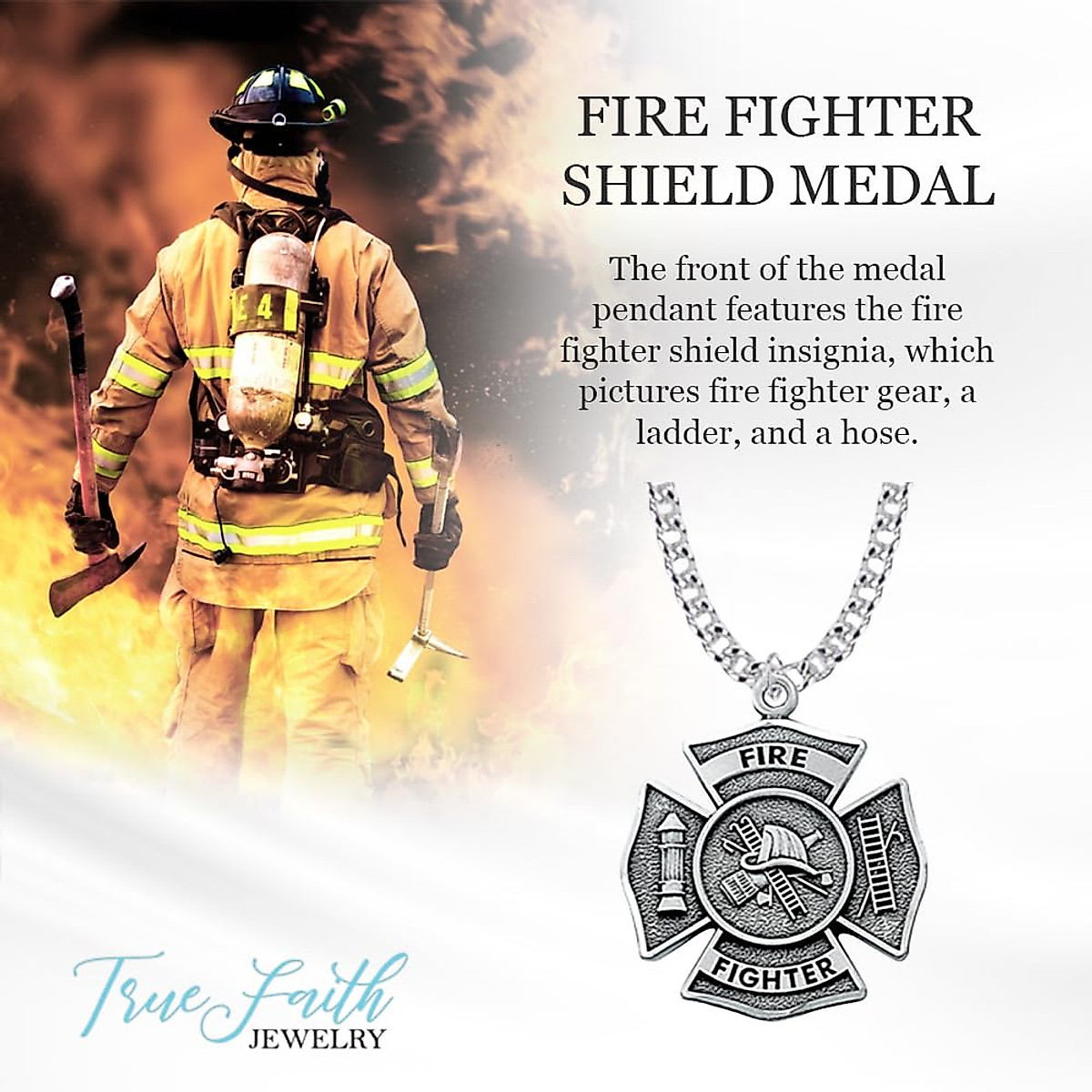 TrueFaithJewelry Sterling Silver Fire-Fighter Shield Medal Cross Pendant Necklace, 1 Inch