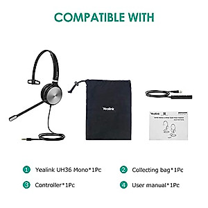 Yealink UH36 Professional Wired Headset - Telephone Headphones for Calls and Music, Noise Cancelling Headset with Mic for Computer PC Laptop（for Teams Optimized, Mono,3.5mm Jack/USB Connection）