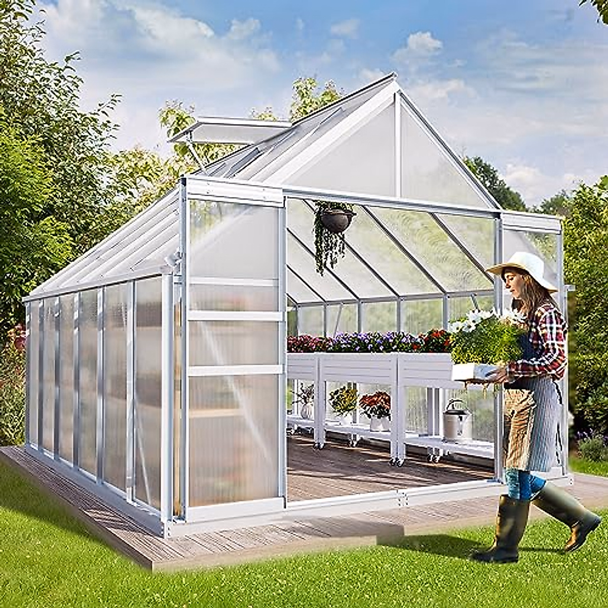 YITAHOME 10x12FT Polycarbonate Greenhouse Large Heavy Duty Green Houses Outdoor Aluminum Greenhouses with Sliding Doors Vent Window Premium Walk-in Greenhouse for Garden Backyard, Matte Sliver