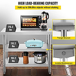 VEVOR Outdoor Food Prep Table, 48x14x33 in Commercial Stainless Steel Table, 2 Adjustable Undershelf BBQ Prep Table, Heavy Duty Kitchen Work Table, for Garage, Home, Warehouse, and Kitchen Silver