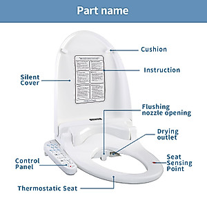KERDE 08C Electric Bidet Toilet Seat,Warm Water Cleansing,Warm Air Drying, Heated Seat,Adjustable Temperature Settings, Moving Nozzle Massage,White,Night Light, Elongated,Bidets for Existing Toilets.