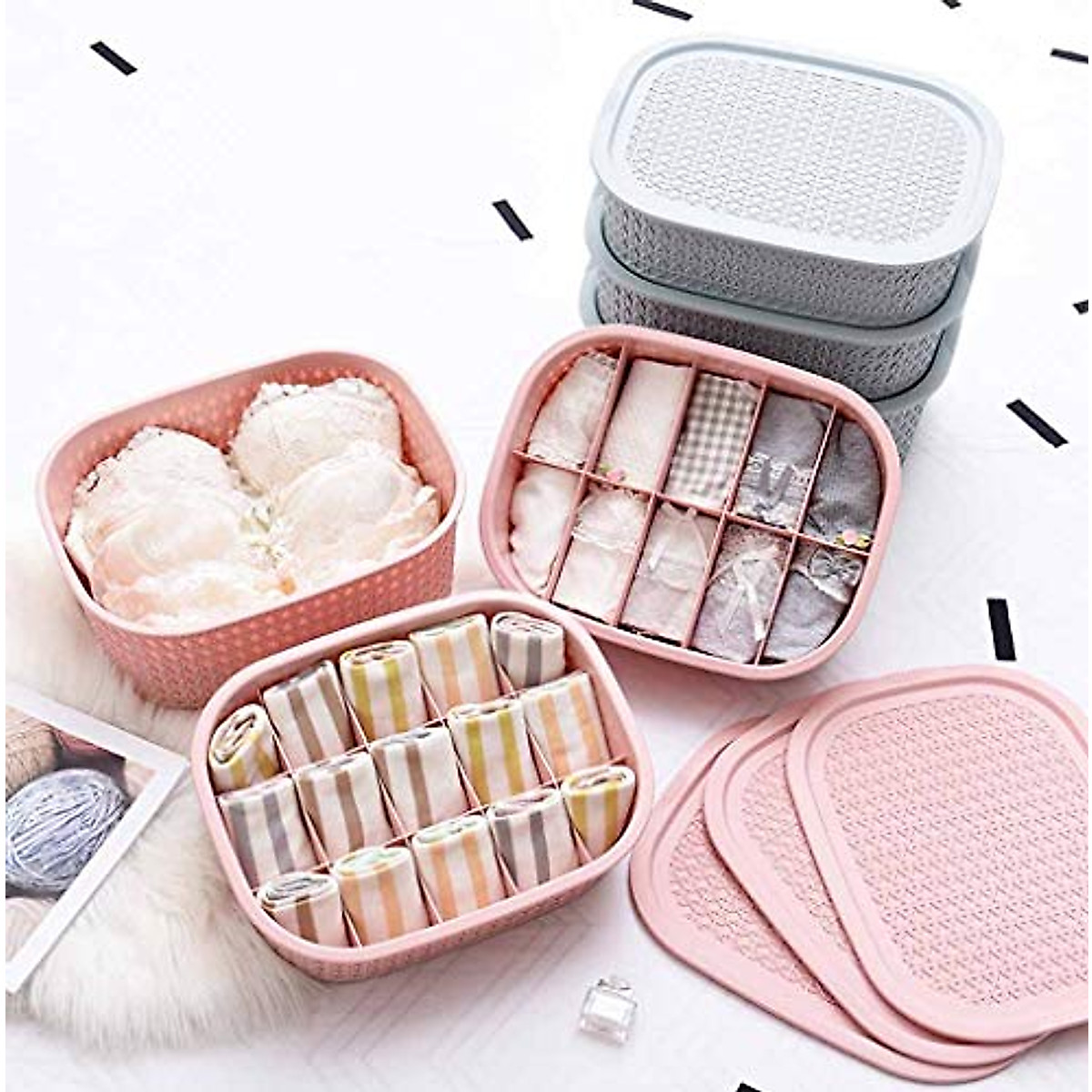 Czlsd Covered Underwear Storage Box Three-Piece Thickened Grid Panties Socks Storage Box Plastic Wardrobe Bra Finishing Box (Color : White)