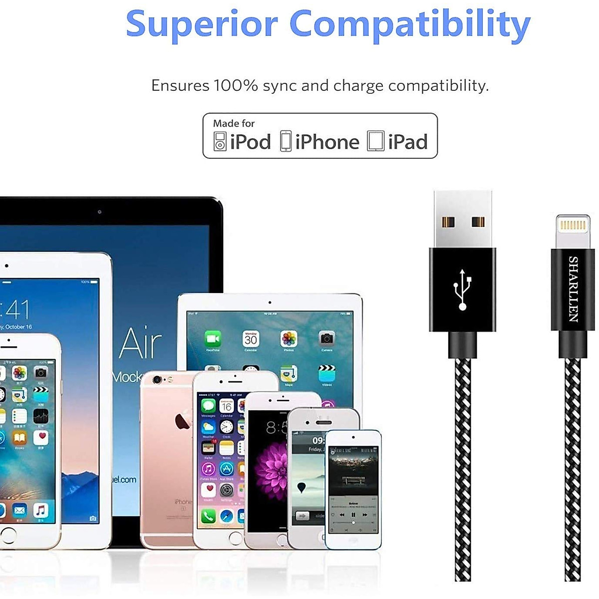 sharllen iPhone Cable 5Pack 3FT/6Foot/10Feet MFi Certified Nylon Braided Fast USB Charging&Syncing Charger Cord Wire Lightning Cable Compatible iPhone11/XS/Max/XR/X/8P/7Plus/6s P/6/6P/iPad/iPod Black