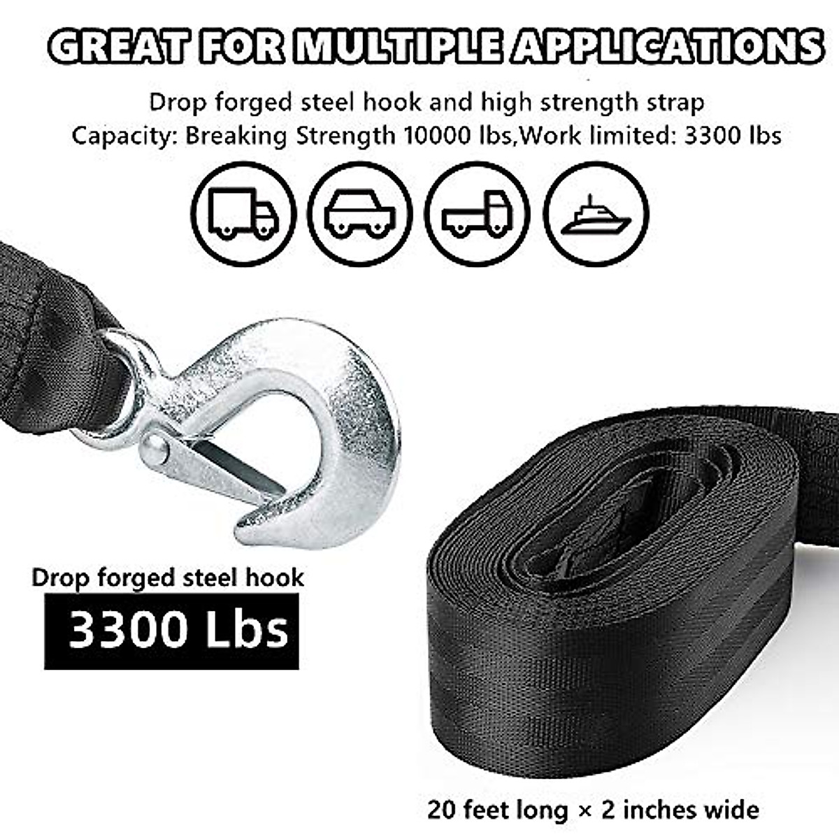 KONON Trailer Winch Strap 2" x 20' with Safety Snap Hook 10000 lbs for Towing Vehicles, Boats and Jet Ski | Polyester | Longer Warranty