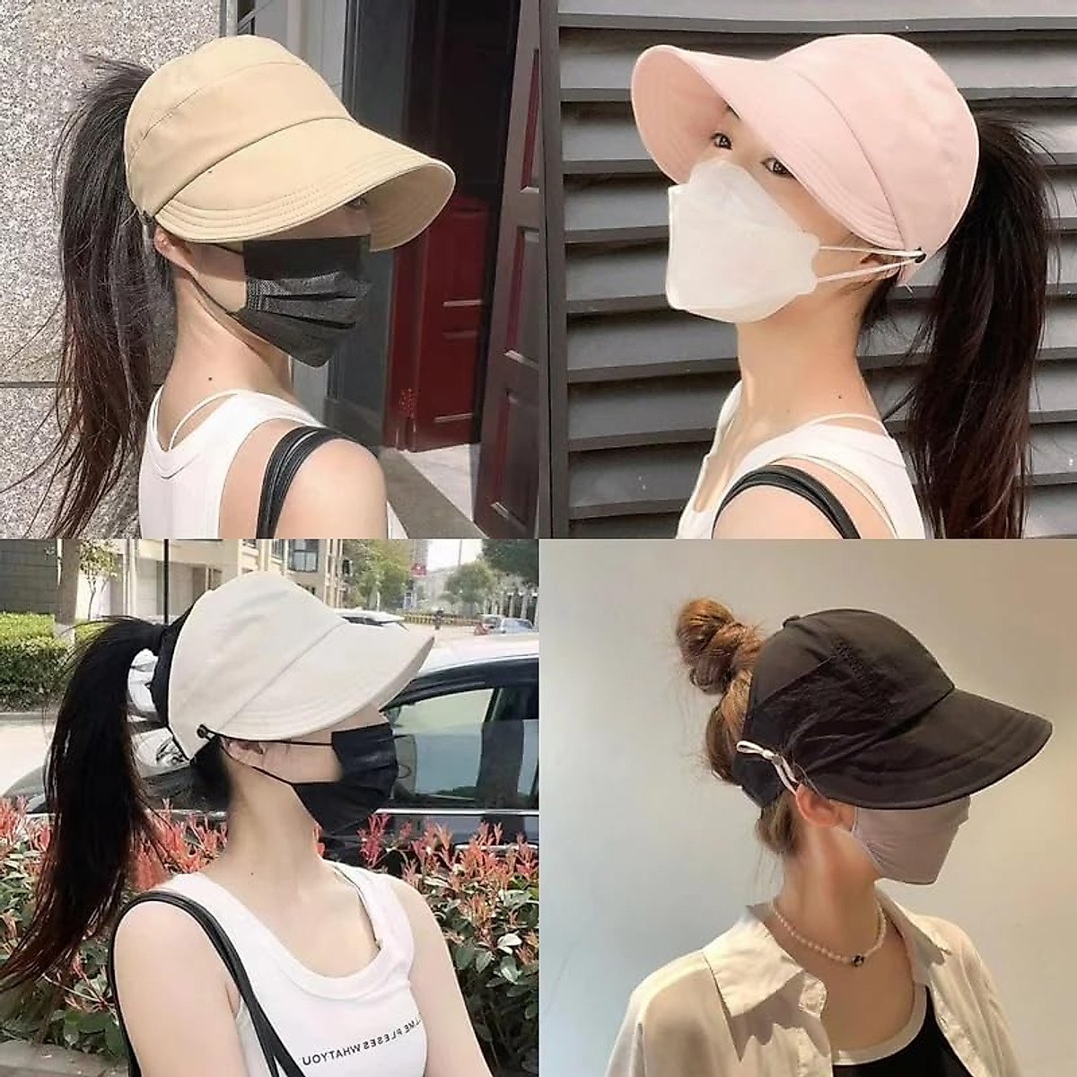 Outdoor UV Protection Hollow Top Sun Hat, 2024 New Sun Hats for Women UV Protection, Summer Wide Brim Sun Protection Hat, Ponytail Sun Cap,H Black-White