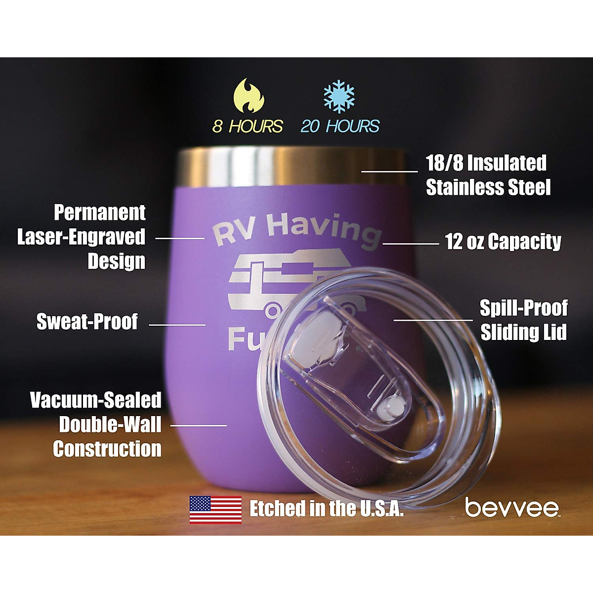 Bevvee RV Having Fun Yet Wine Tumbler with Sliding Lid - Stemless Stainless Steel Insulated Cup - Cute Outdoor Camping Mug - Purple