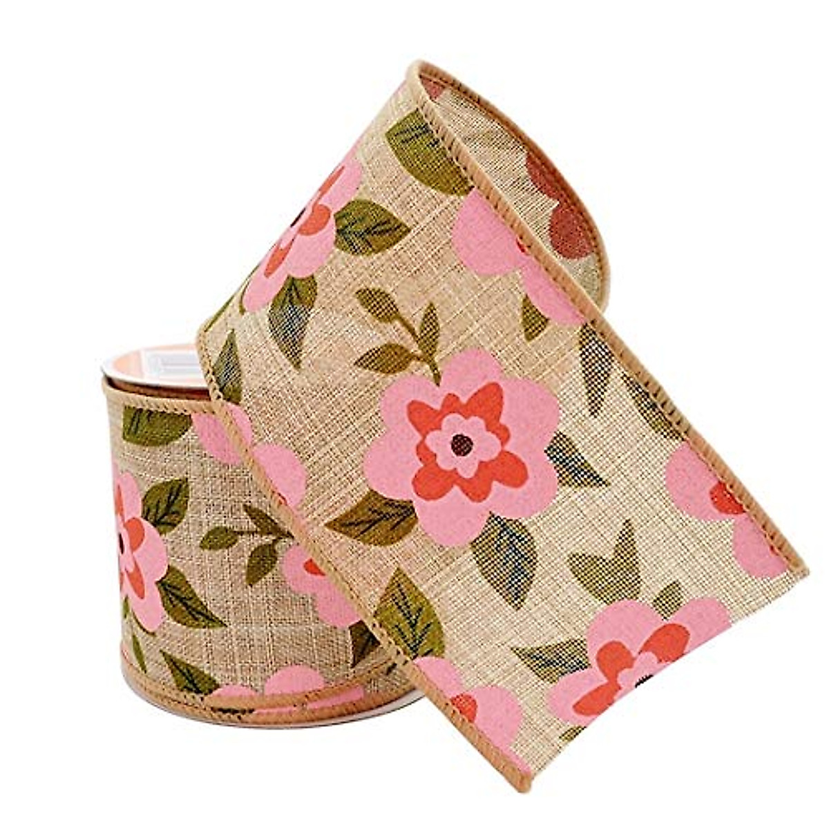 2.5" Faux Linen Wired Pink Flower Ribbon by Celebrate It Just Peachy
