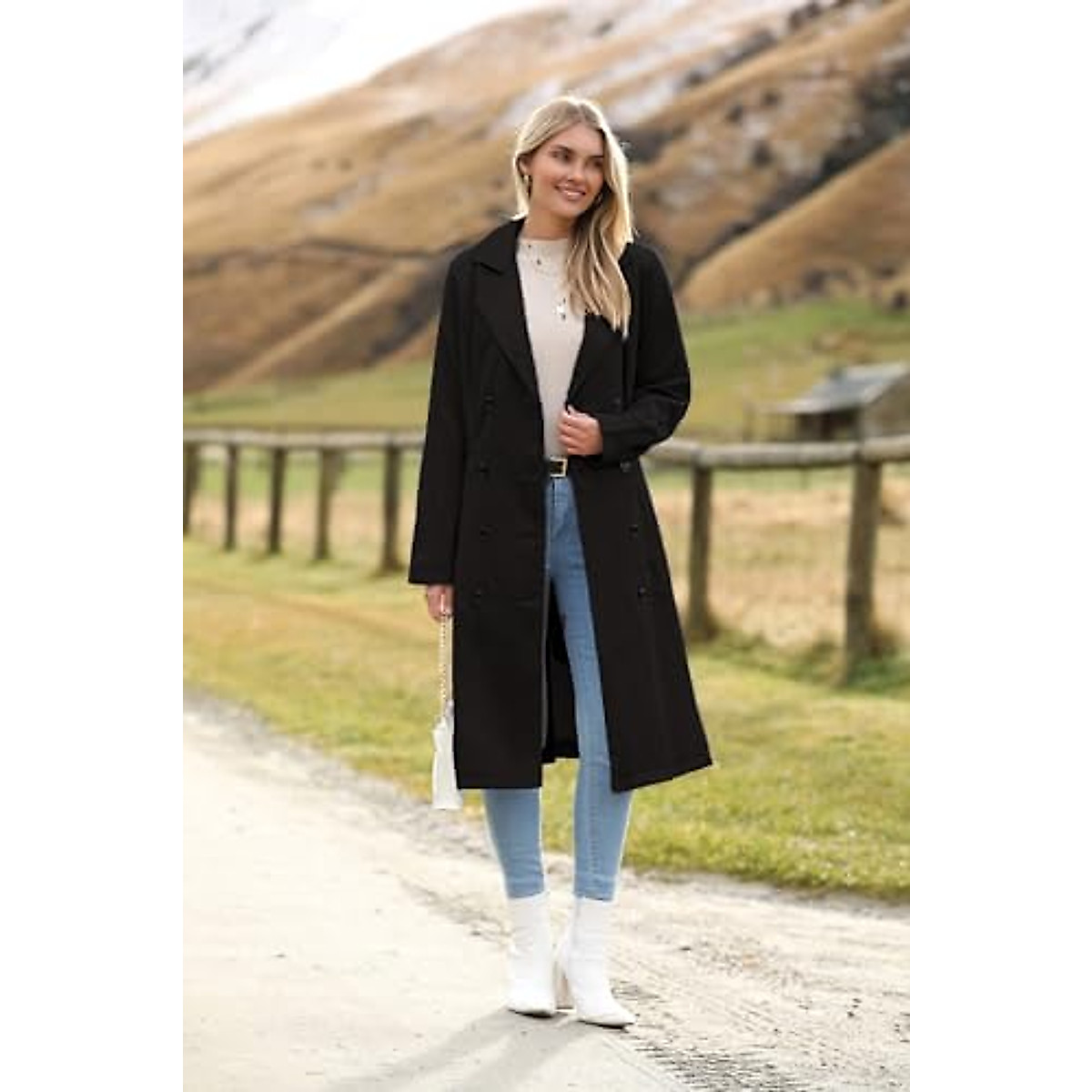 Zeagoo Women's Double-Breasted Long Trench Coat with Belt,Large,Black