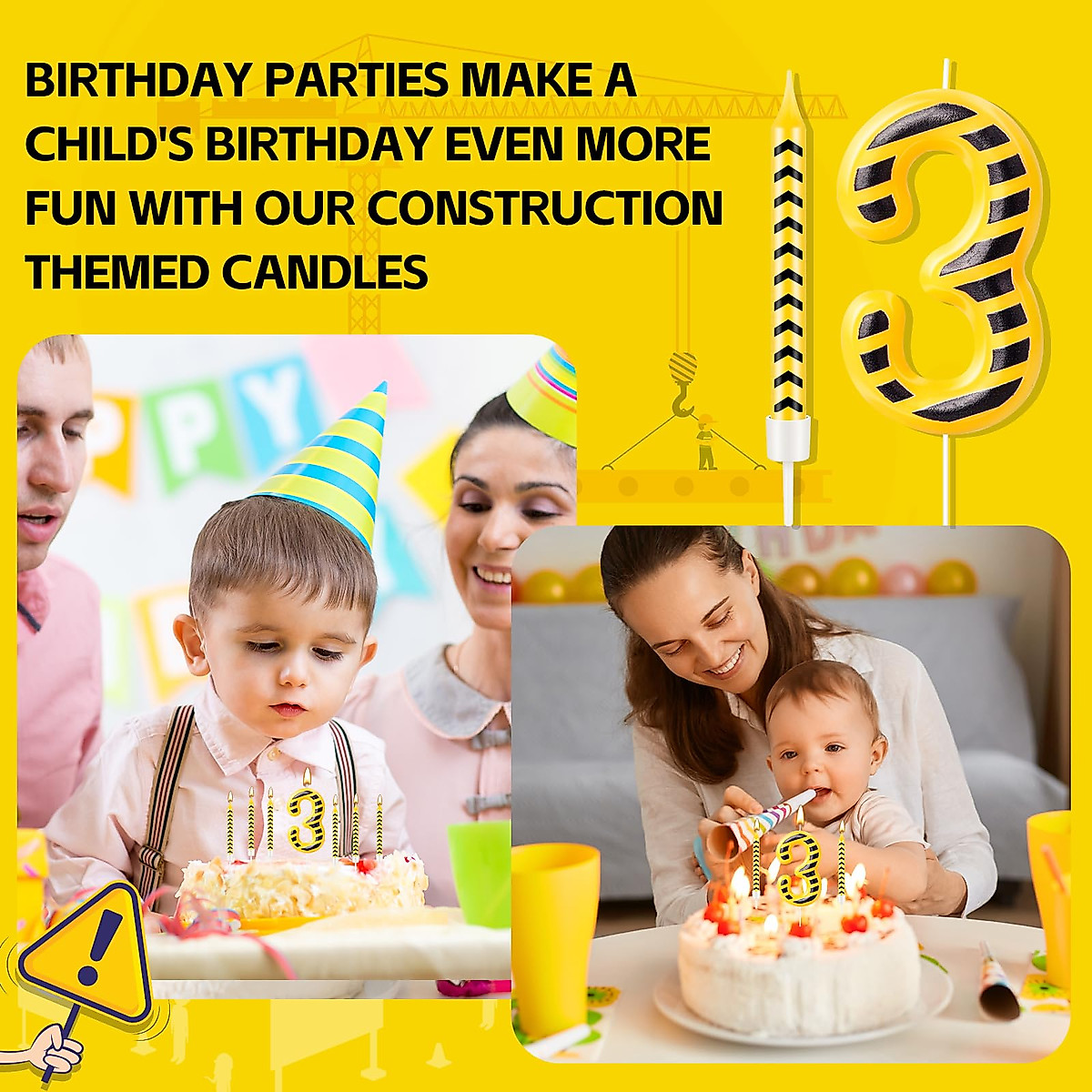 13 Pcs Construction Themed Birthday Candles Set 12 Yellow and Black Number 3 Candle Cake Topper for Construction Party Decoration Supplies (Number 3)