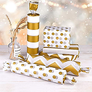 MIAHART 100 Pcs Gold White Tissue Paper Bulk 3 Style Decorative Metallic Wrapping Paper for Gift Bags Birthday Christmas Party Decoration, DIY Arts Crafts Gold Dot Wave Design Patterned(100 Sheet)
