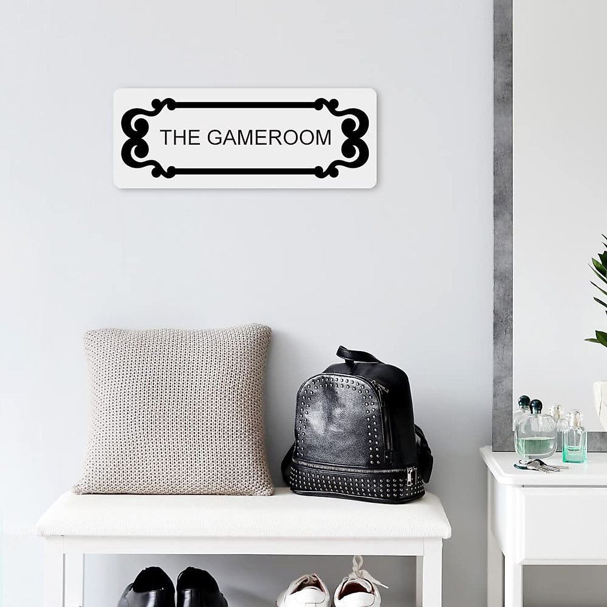 ComplianceSigns.com 8" x 3" Custom Sign with Scroll Outline, Includes Adhesive Strips, Engraved Plastic with Acrylic Core, White on Blue