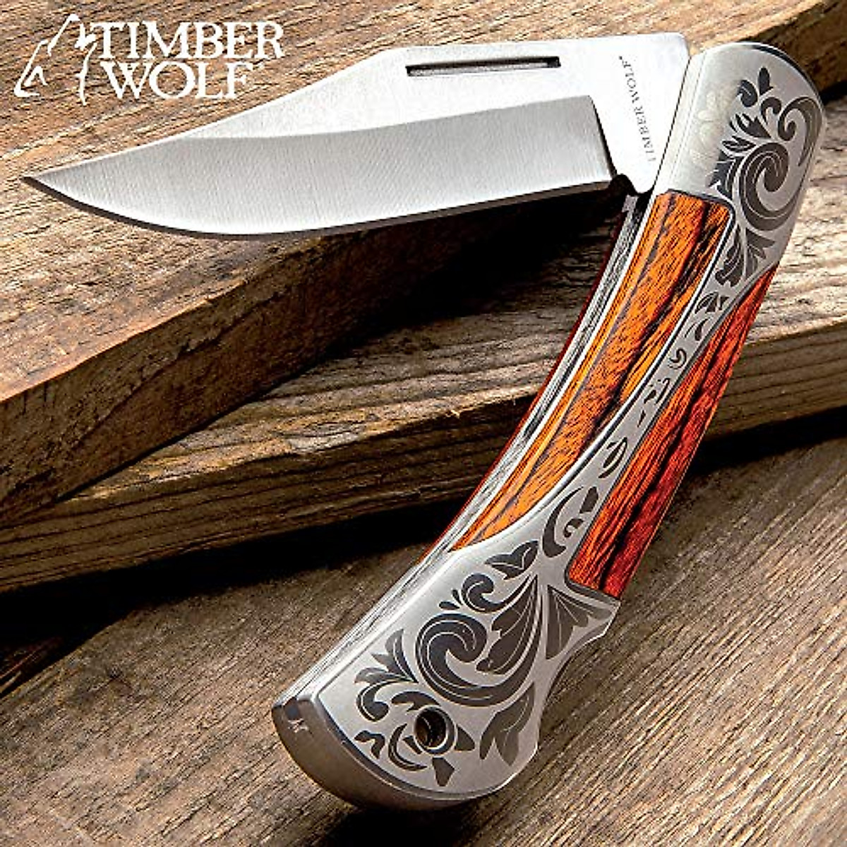 TIMBER WOLF Gentleman’s Lockback Pocket Knife – Razor-Sharp Stainless Steel Blade, Custom Handle with Wooden Inlays, Scroll Design Bolsters – A Practical and Handsome EDC - 7 1/2" Overall