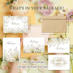 Floral Thank You Cards With Envelopes,20Pack - 4x6 Thank You Cards Set,Perfect Thank You Cards Bulk For All Occasions,incl. Baby Shower, Wedding, Birthday Party, Greeting (Olive green wildflowers)